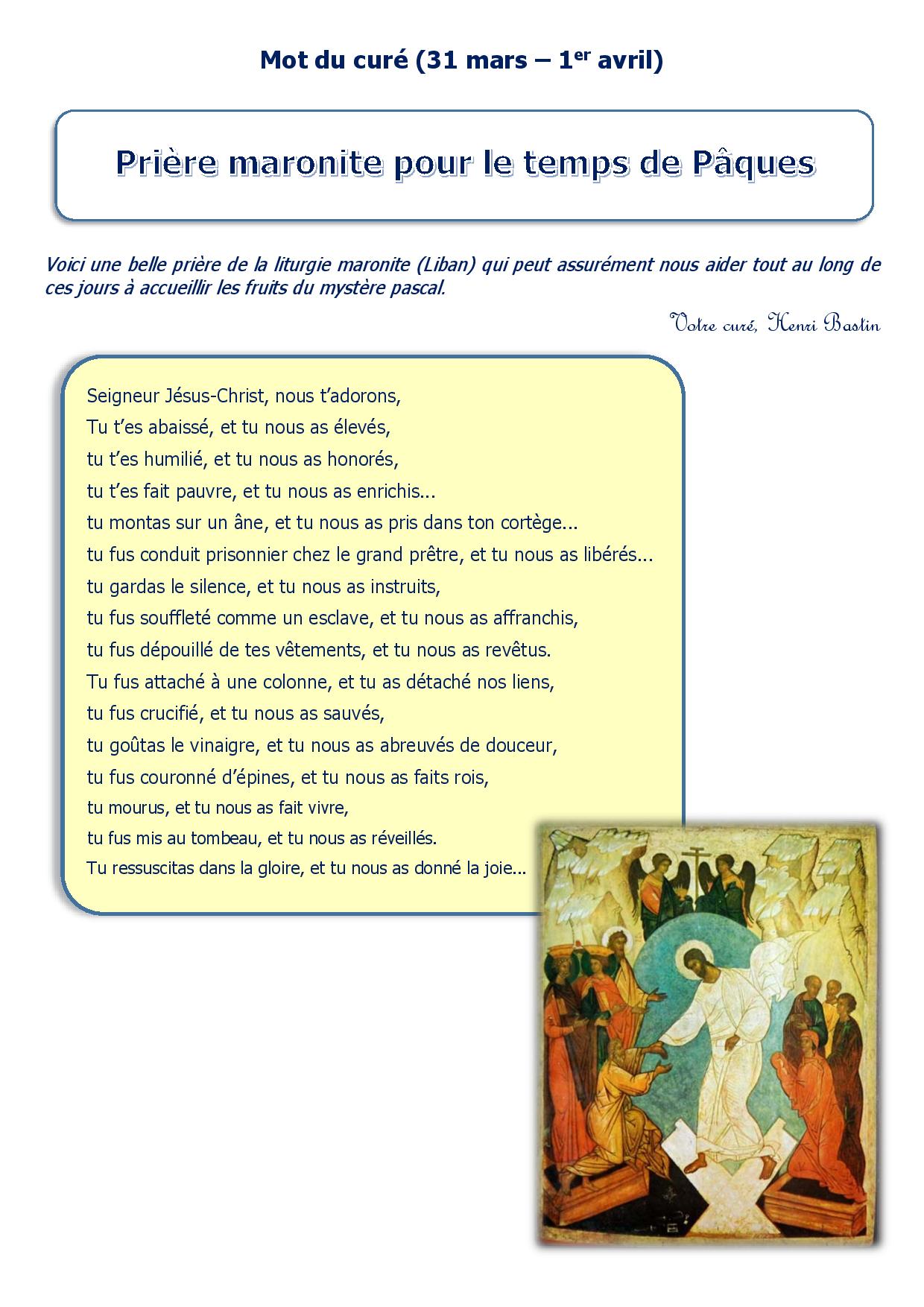 Prière maronite pour le temps de Pâques | Unité pastorale de Malmedy